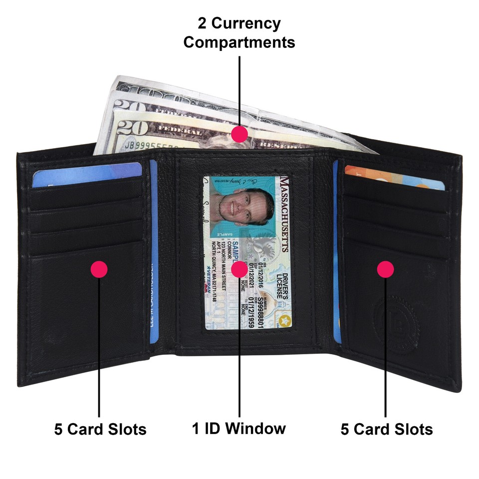 New Mens Black Genuine Leather Trifold Wallet ID Window Credit Card ...