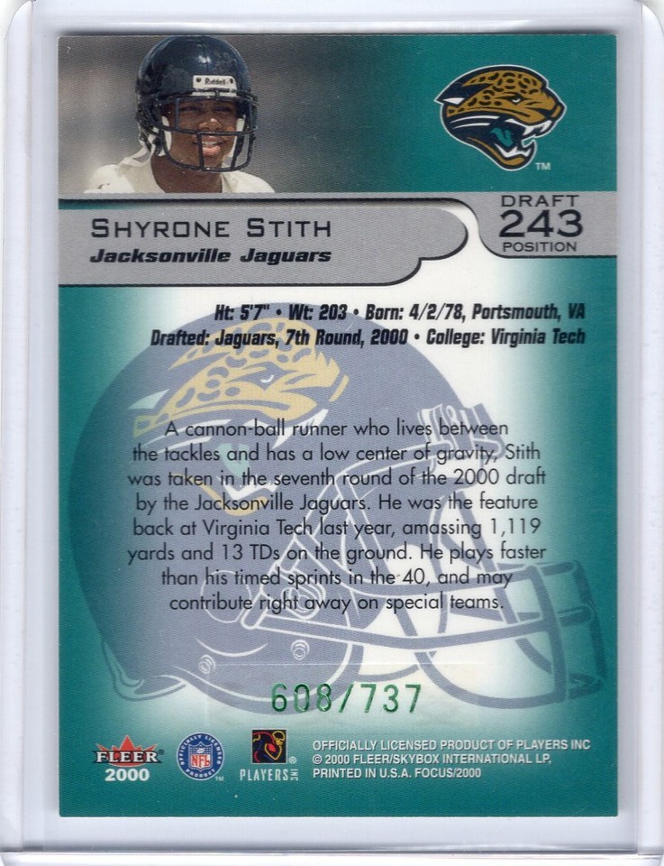 SHYRONE STITH 2000 Fleer Focus DRAFT POSITION ROOKIE CARD #608/737 ...