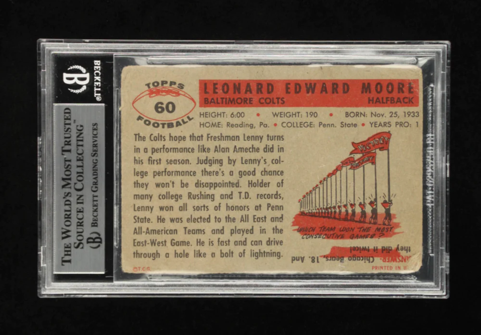 Lenny Moore Signed 1956 Topps #60 Inscribed "HOF 75" (BGS) - Rookie ...