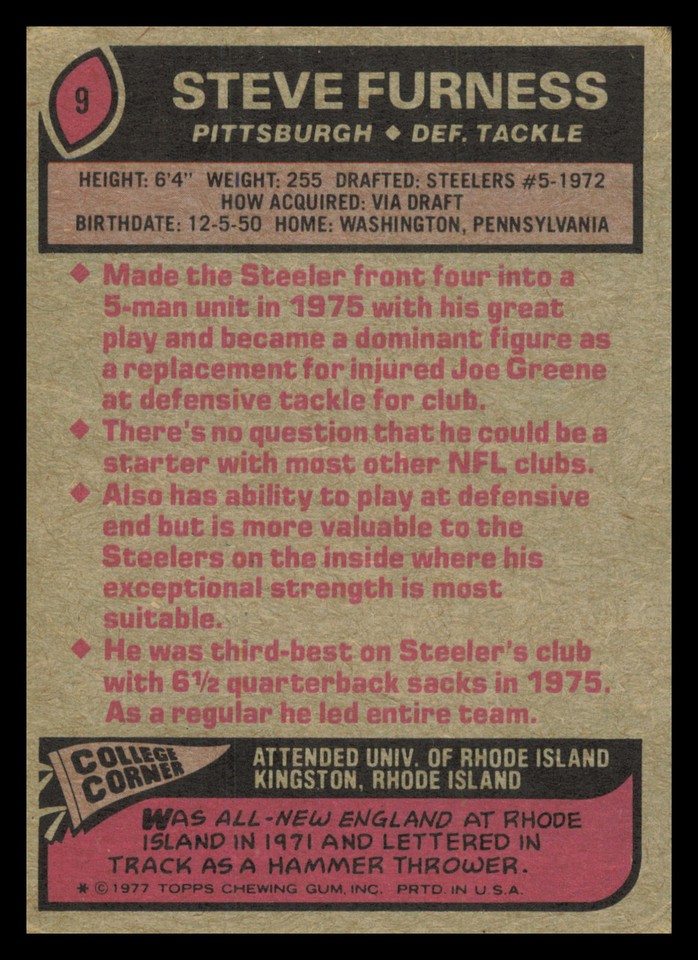 1977 Topps Football #9 Steve Furness Pittsburgh Steelers | eBay