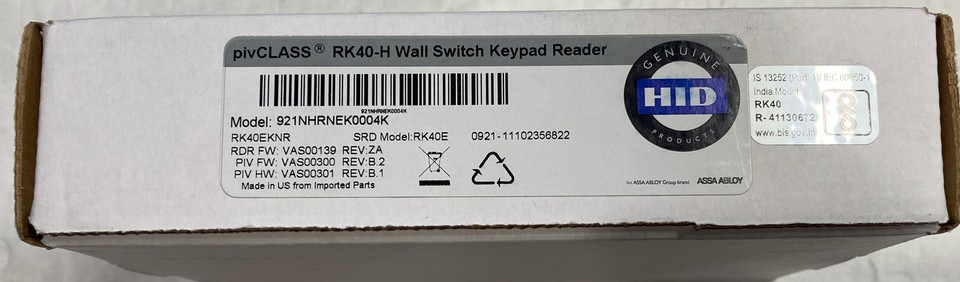 HID pivCLASS RK40-H Wall Switch Keypad Reader P/N: 921NHRNEK0004K BRAND ...