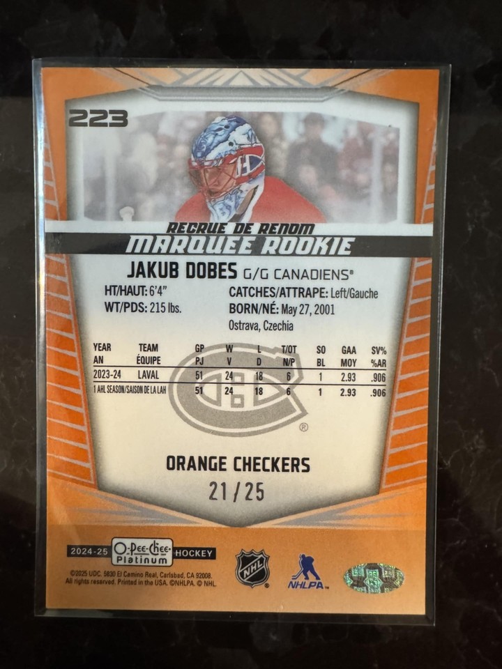 2024-25 O-Pee-Chee Platinum Orange Checkers #223 Jakub Dobes RC /25 | eBay