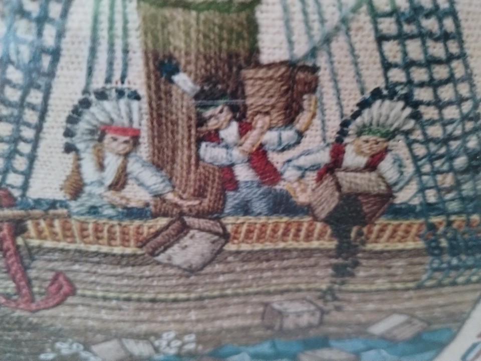 Vintage Academy Arts Large Boston Tea Party Sampler Framed Behind Glass ...