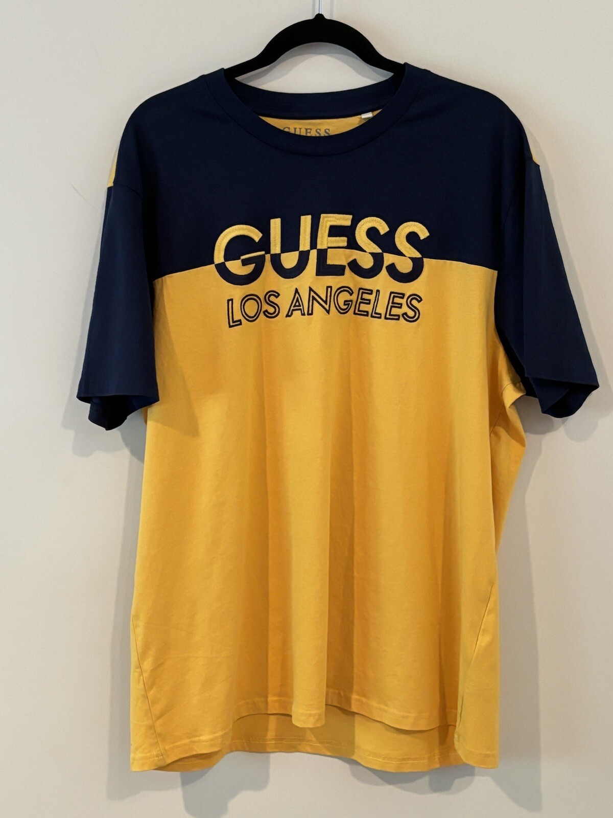 Guess T-SHIRT Mens XXL Yellow & Blue Short Sleeve Los Angeles Spell Out ...