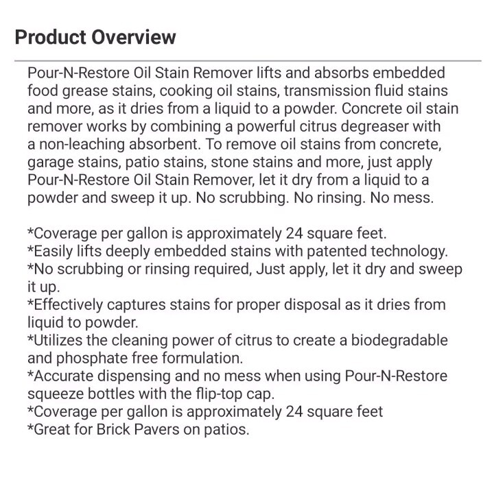 1 Bottle 32oz POUR N RESTORE Oil Grease STAIN REMOVER | eBay