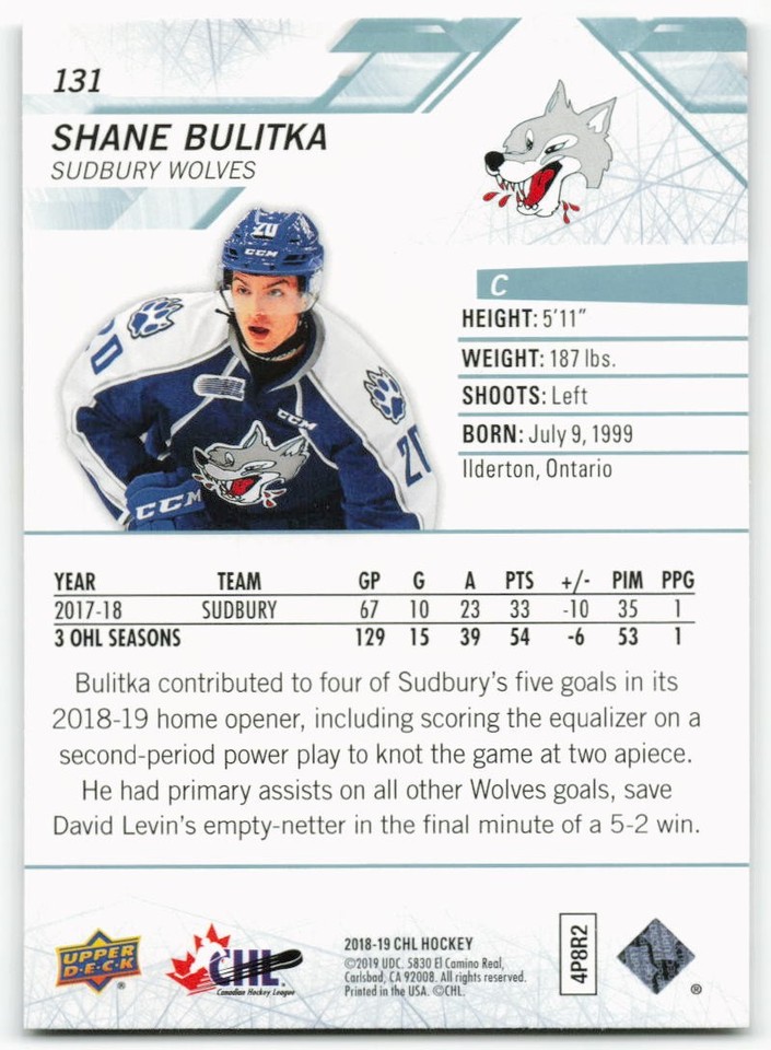 2018-19 Shane Bulitka Upper Deck CHL Rookie - Sudbury Wolves | eBay