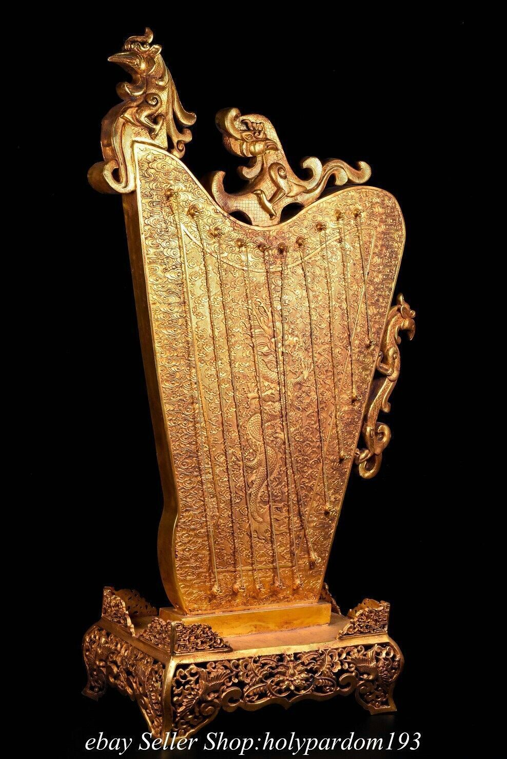 26.8" Old Chinese Bronze 24K Gold Gilt Dynasty Dragon Konghou ...