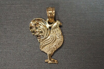 14K Solid Yellow Gold Diamond Cut 0.75" Rooster Chicken Charm Pendant ...