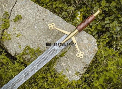 Handmade Damascus Steel 38" Long Scottish Claymore Sword with Leather ...