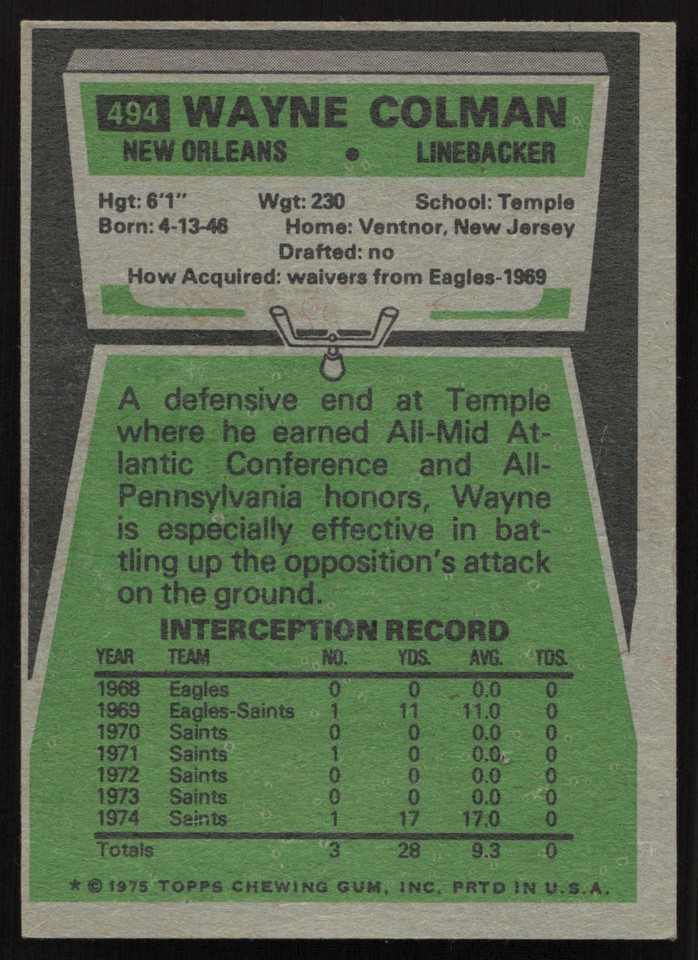 1975 Topps Wayne Colman New Orleans Saints #494 | eBay