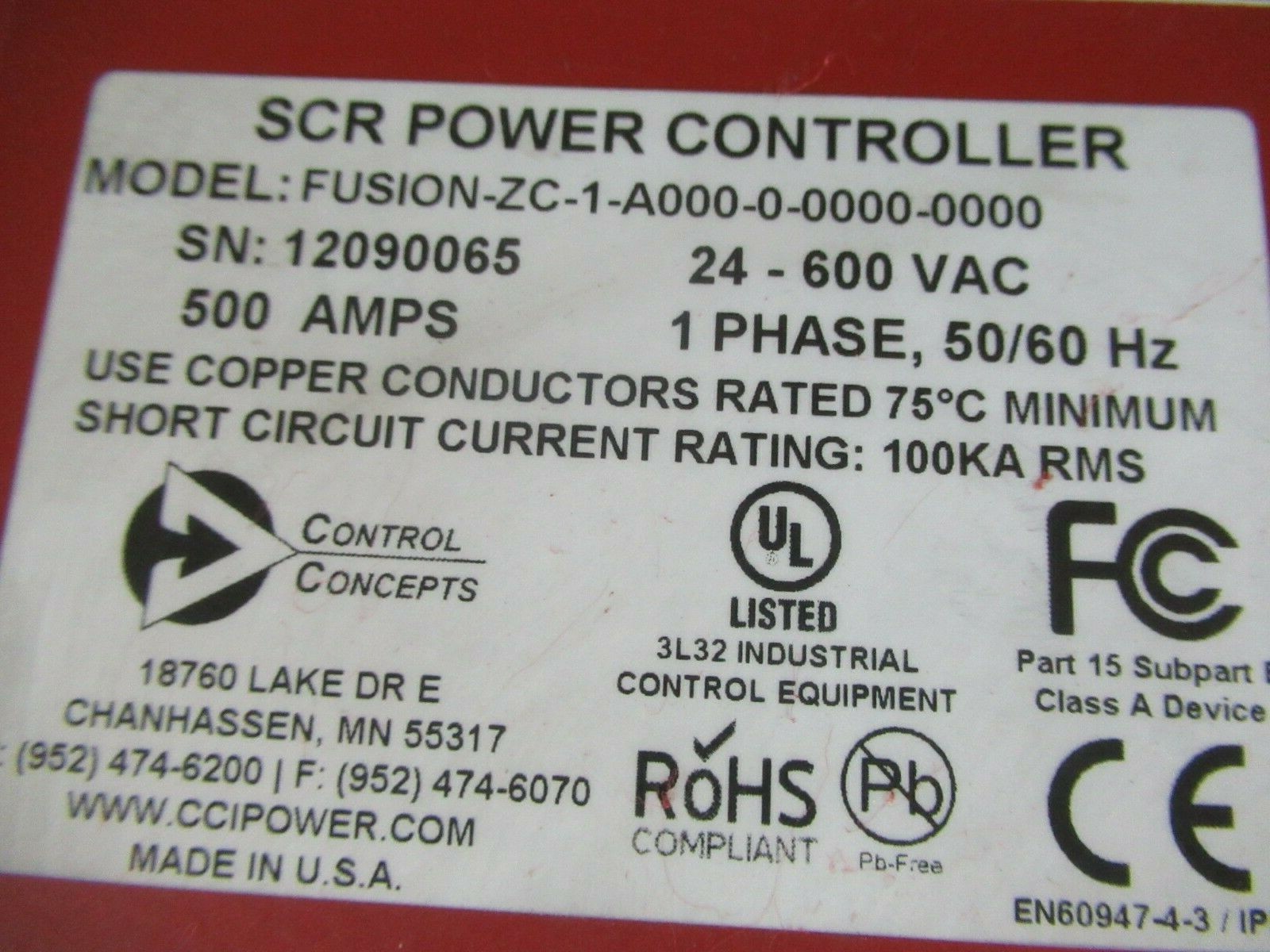 CONTROL CONCEPTS SCR POWER CONTROLLER FUSION-ZC 24-600 VAC 500 AMP ...