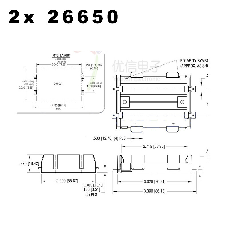 1 2 Cell 18650/26650 SMD SMT Open Battery Holder Case Storage Box Gold ...