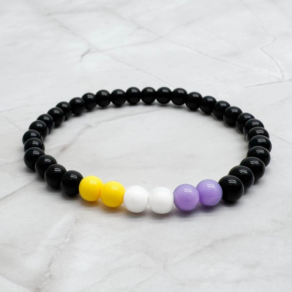 Non Binary Flag Bead Bracelet, 6mm Yellow White Lavender and Black ...