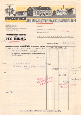 Lackfabrik Julius Rotter - Bayreuth - 1938 - Historische Rechnung ...