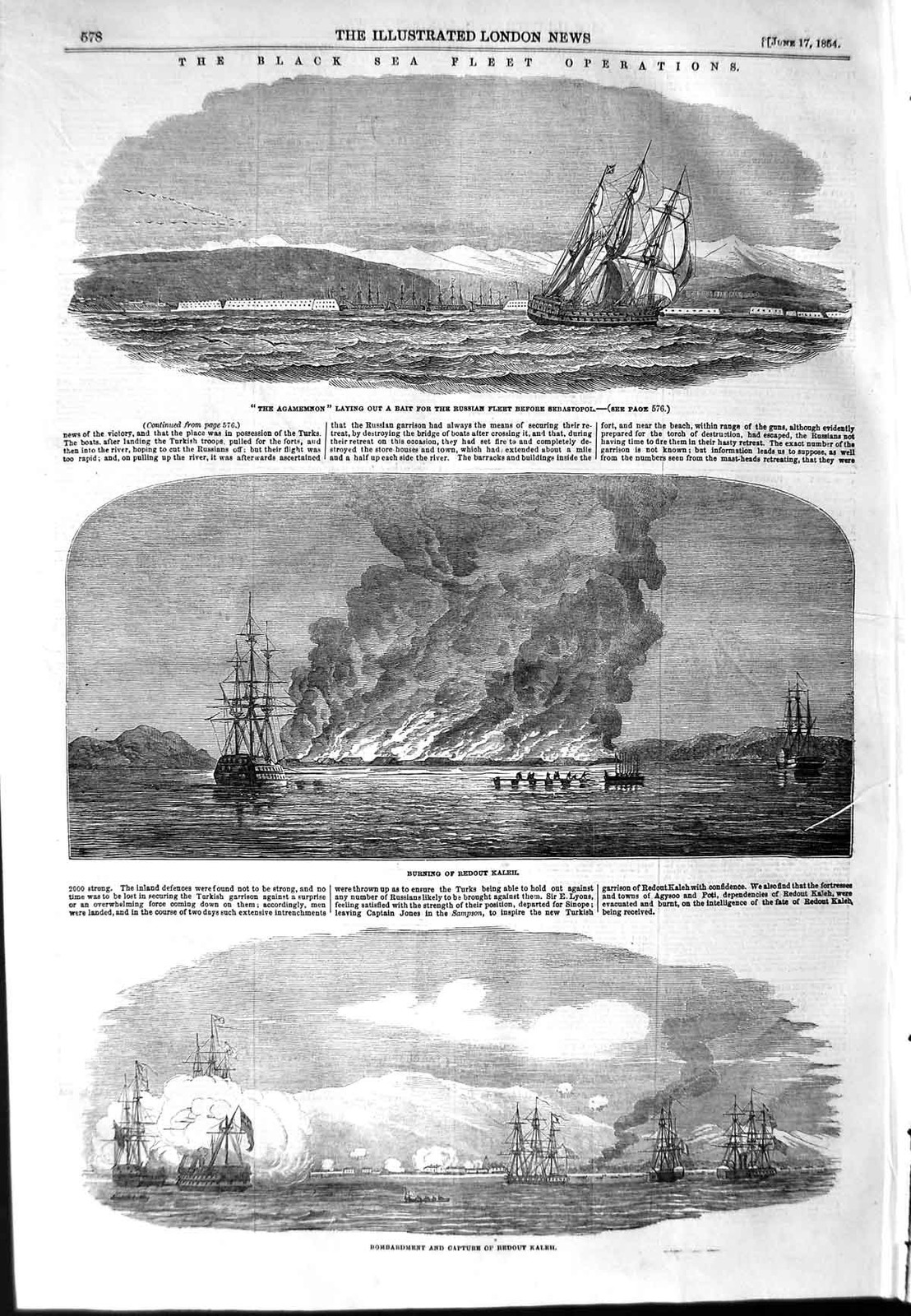 Old Antique Print 1854 Black Sea Fleet Ships Agamemnon Redout Kaleh War ...