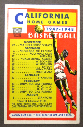 rare 1947-1948 U. CALIFORNIA Basketball Home Games pocket sked schedule ...