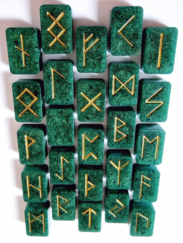 Futhark Handmade Resin Runes Pearl forest green & Black with rune ...