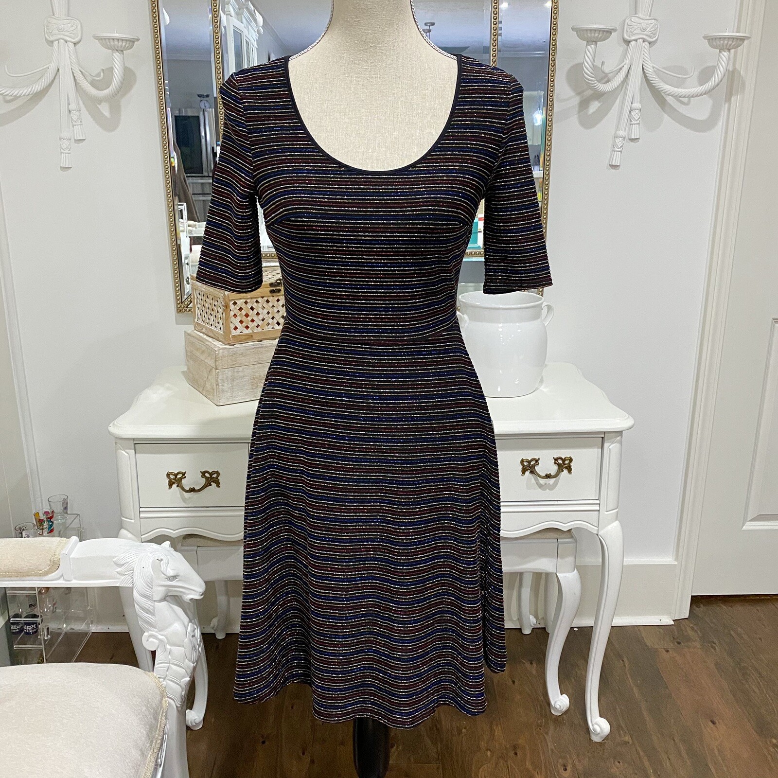 ModCloth Striped Glitter Sparkle Rainbow Skater Dress Sz S Stretchy ...