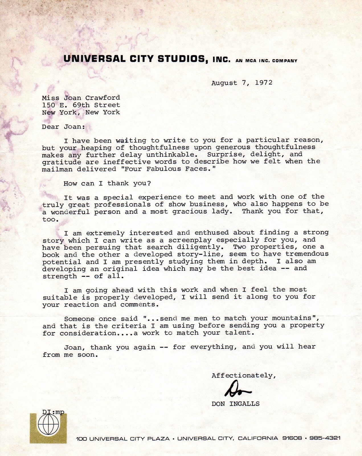 DON INGALLS signed letter original vintage typed autograph to JOAN ...