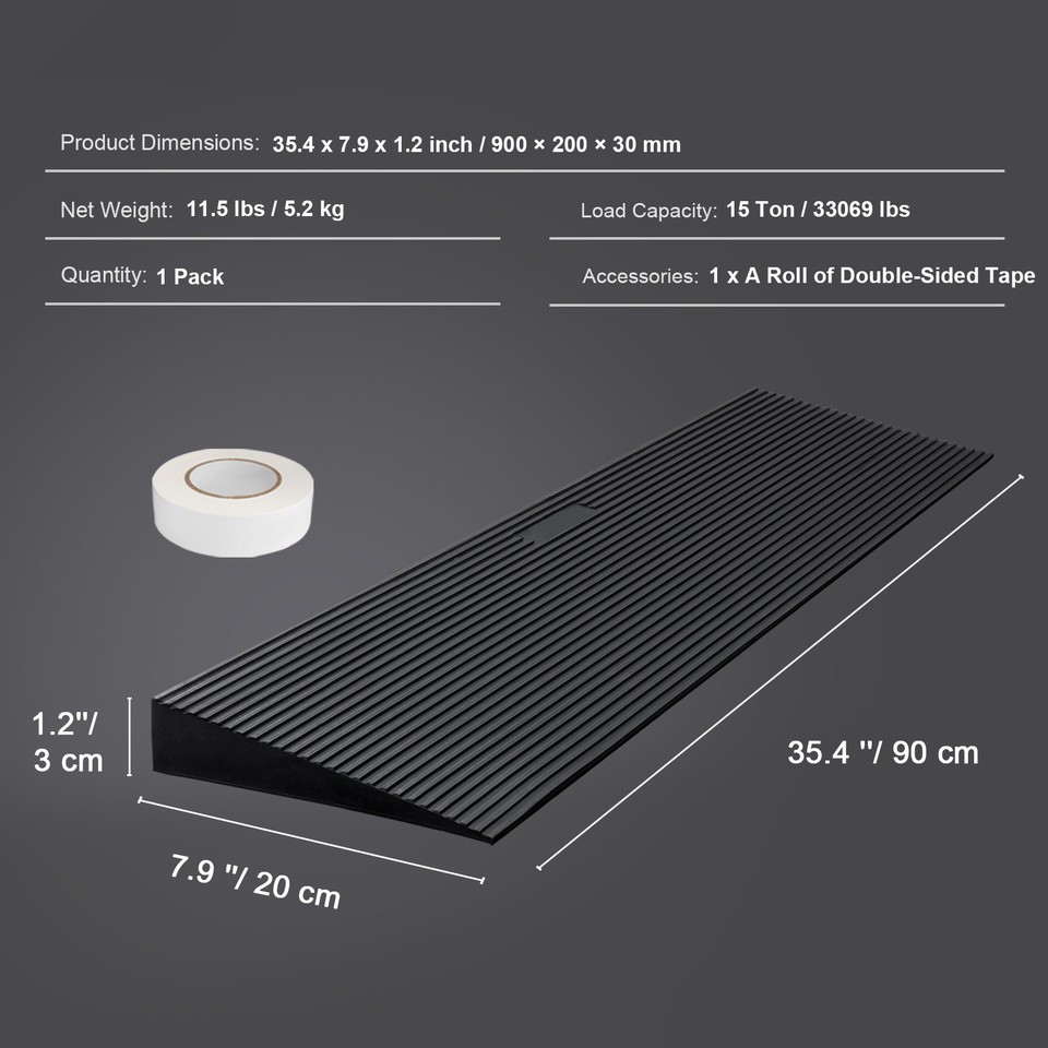 15T Cuttable Solid Ramp 35.4"x7.9"x1.2" Threshold Rubber Wheelchair ...