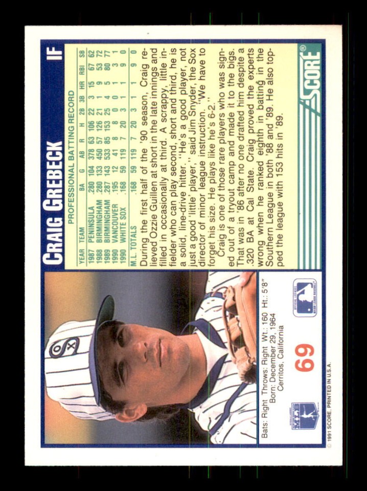 1991 Baseball Score Craig Grebeck Chicago White Sox #69 | eBay