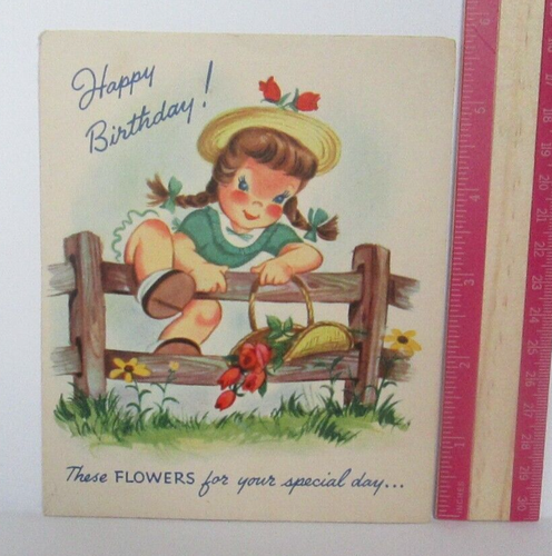 GIRL HOPPING FENCE Vintage Birthday Greeting Card 1940's OS14 | eBay