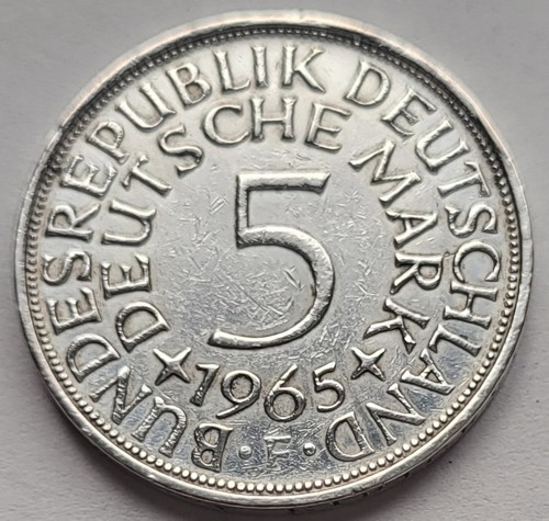 1965-F GERMAN 5 DEUTSCHE MARK 0.625 SILVER COIN-STUTTGART MINT-SHARP ...