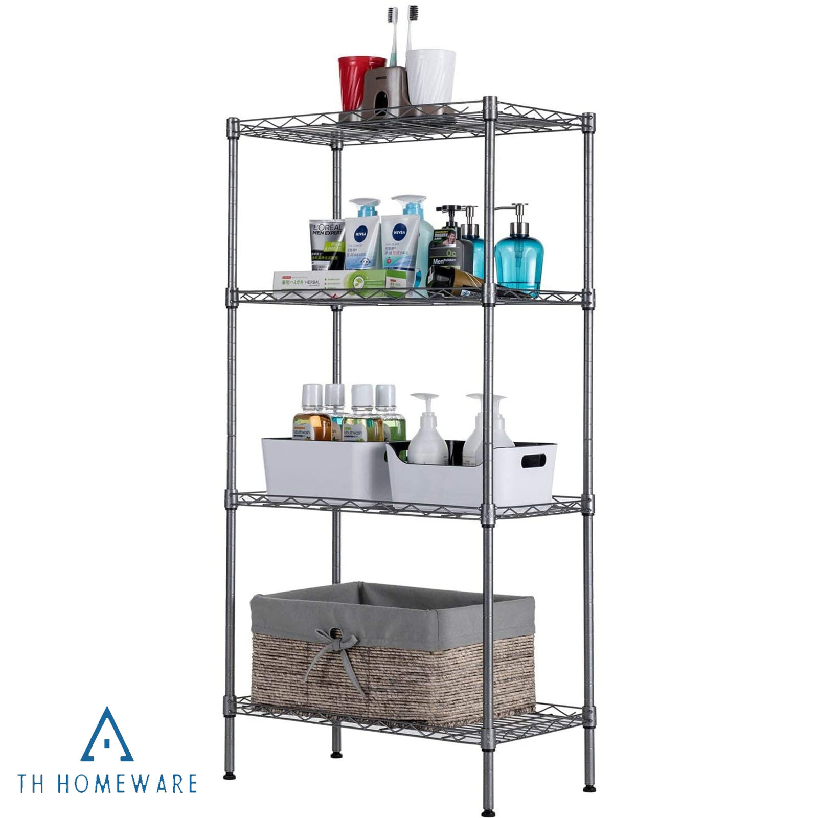 4/5 Tier Silver Metal Storage Rack Shelving Wire Shelf Kitchen Office ...
