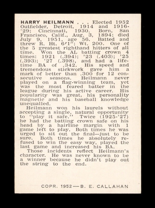 1950 Callahan Hall of Fame Set-Break Harry Heilmann NR-MINT *GMCARDS ...