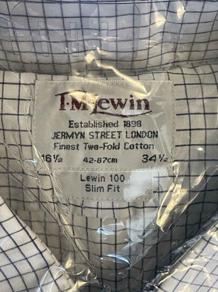 T.M. LEWIN Lewin 100 Slim Fit Check Long Sleeved Shirt 100% Cotton Size ...