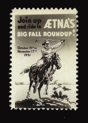 1951 Aetna's Big Fall Roundup Poster Stamp with Horse and Cowboy ...