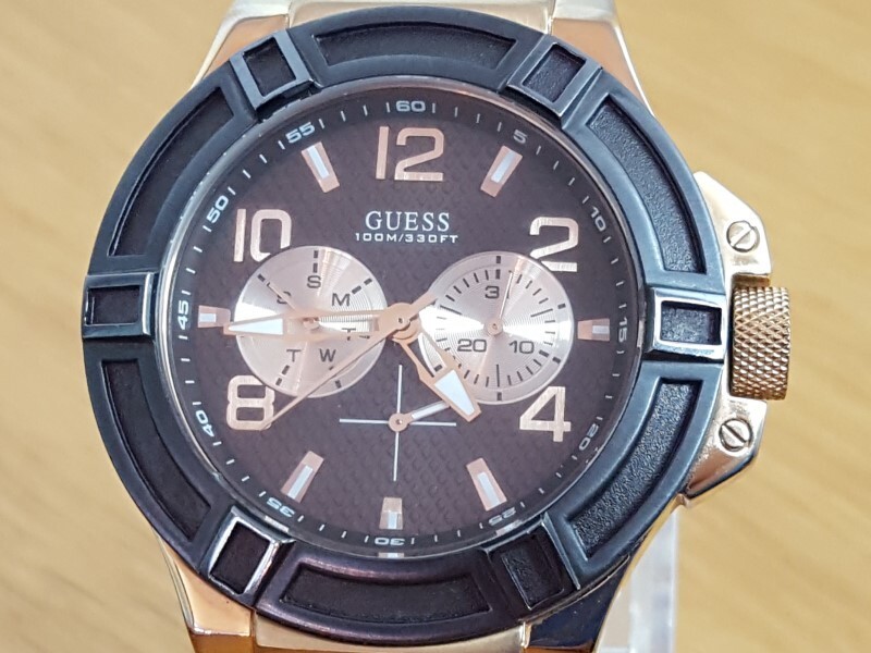 Mens XXL Guess Rigor W0040G3 100m Rose Gold & Black Divers Day Date ...