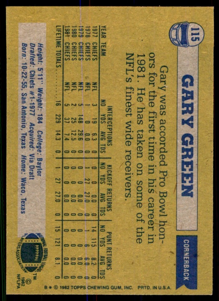 1982 Topps Gary Green . Kansas City Chiefs #115 | eBay