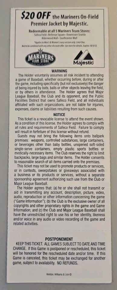 Seattle Mariners Toronto Blue Jays Baseball Ticket 7/30 2012 Iwakuma ...