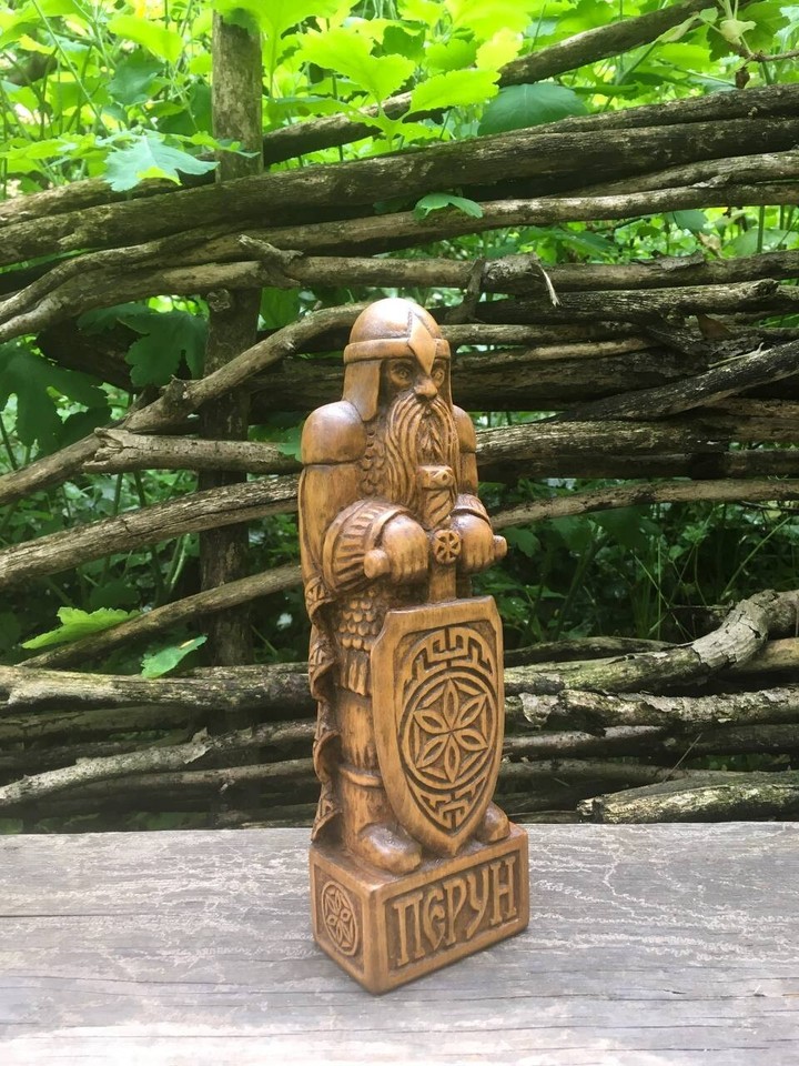Perun Statue Slavic God Wooden Carved Figure Wood Handmade Decor Height ...