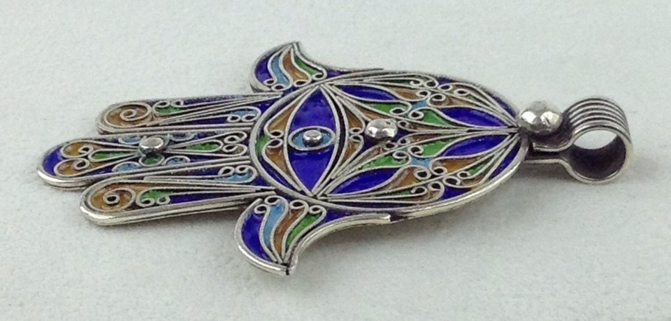 SILVER & Colored Enamel Moroccan Berber Hamsa Evil Eye Amulet Talisman ...