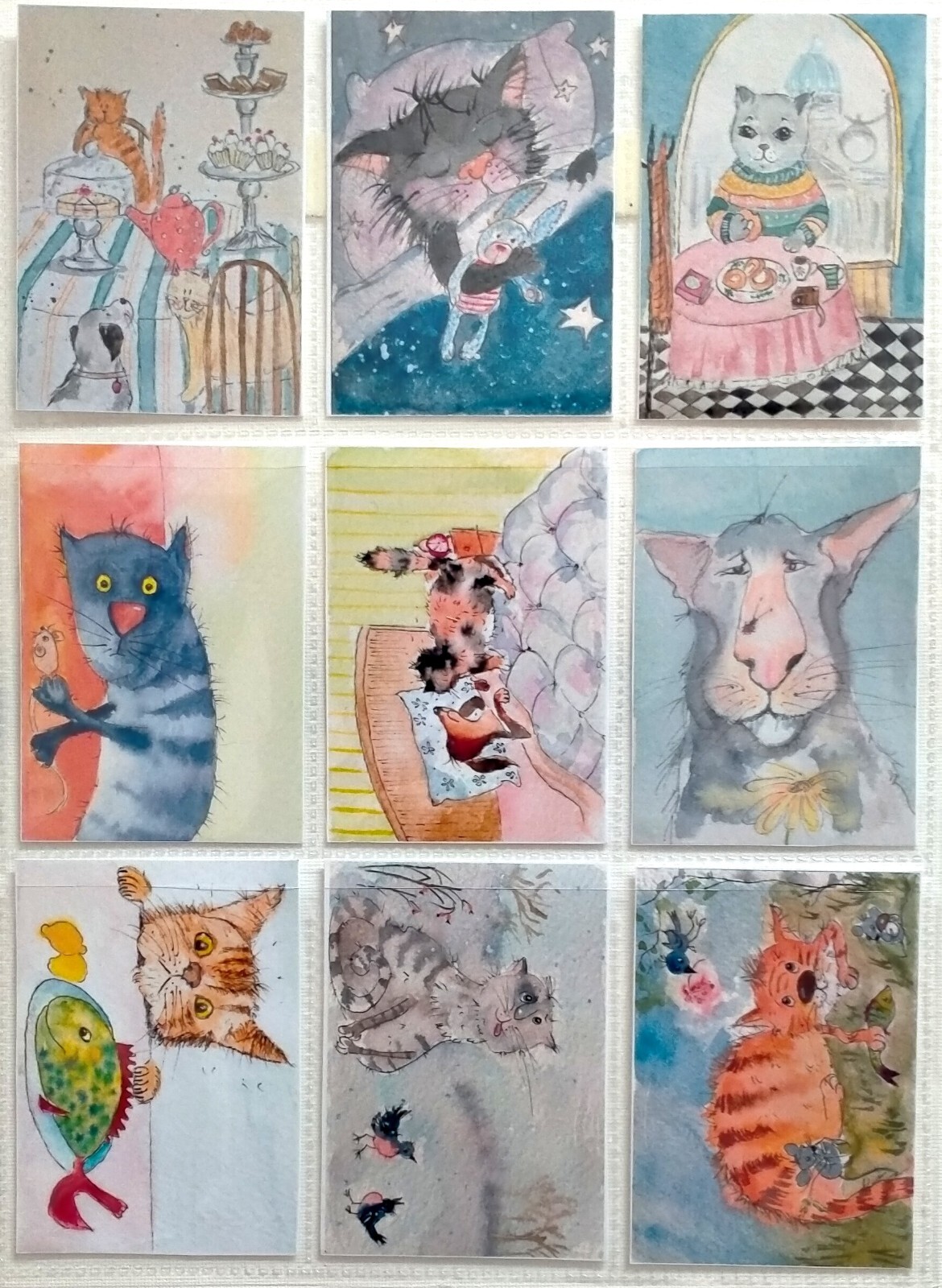 LOT of 9 ACEO PRINT of Watercolor Painting 2,5x3,5" collection CATS ...