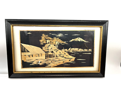 Hand-Crafted ASIAN STRAW BAMBOO FRAMED ART~ Village House by River Mt ...