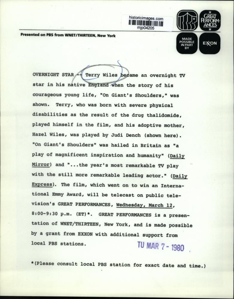 1980 Press Photo Terry Wiles and Judi Dench in On Giant's Shoulders ...