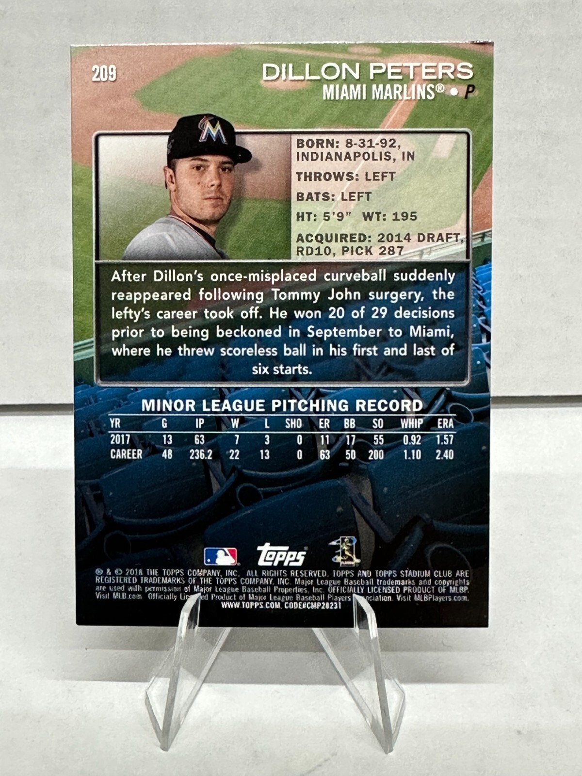 2018 Topps Stadium Club Baseball Card #209 Dillon Peters RC Miami ...