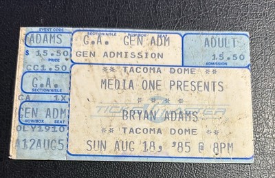 BRYAN ADAMS 8/18 1985 Original Concert Ticket Stub Tacoma Dome WA. | eBay