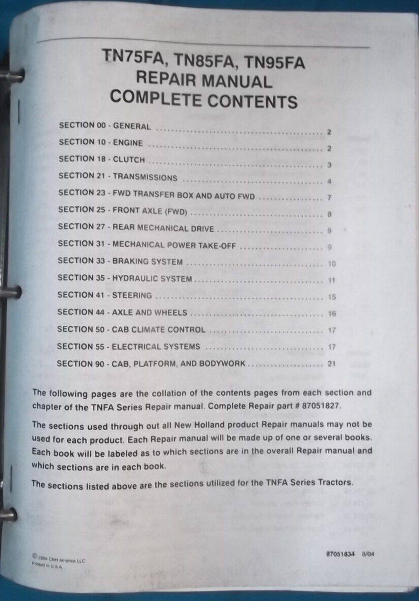 NEW HOLLAND TN75FA TN85FA TN95FA TRACTOR SERVICE SHOP REPAIR MANUAL OEM ...