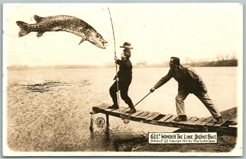 FISHING EXAGGERATED 1914 ANTIQUE REAL PHOTO POSTCARD RPPC PHOTOMONTAGE ...