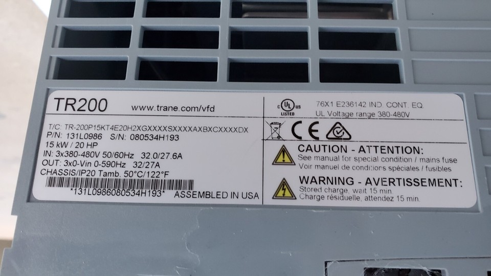 Trane TR200 VFD Drive 20HP - 15kW 380/460 VAC - 3 ph X13171907001 ...
