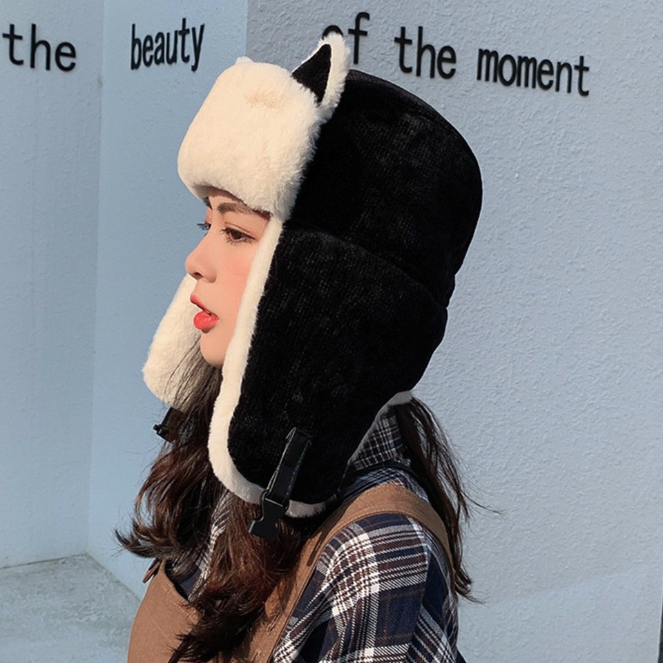 Ladies Faux Fur Corduroy Cat Ear Trapper Hat Ski Ushanka Russian Cossack Winter | eBay UK
