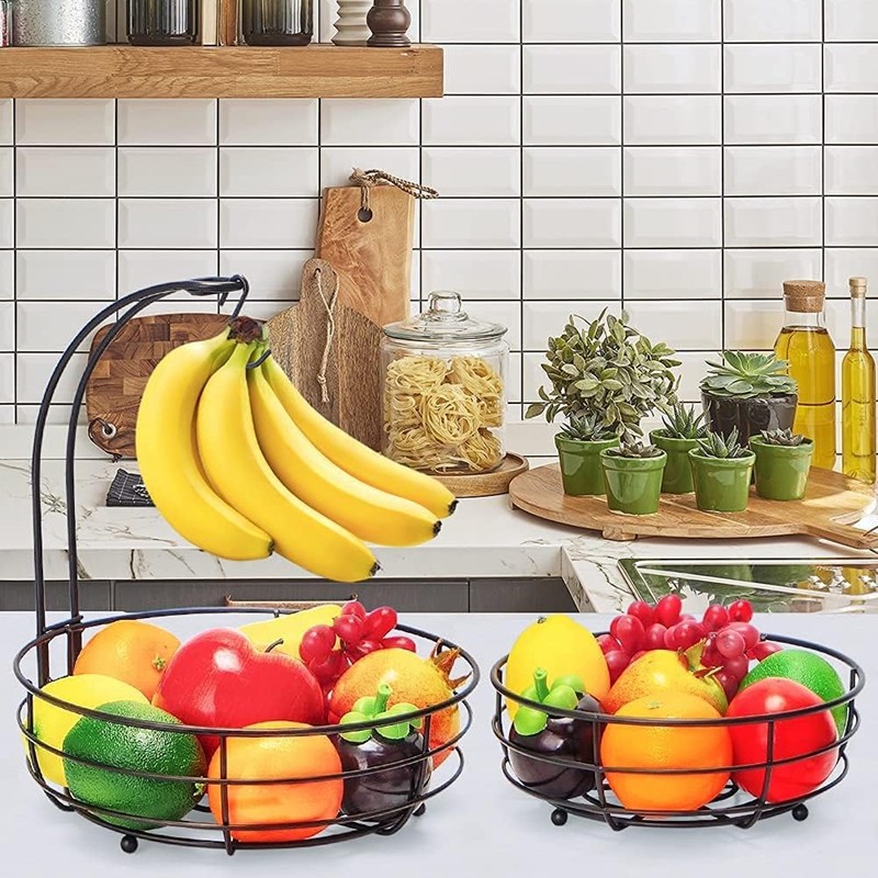 2 Tier Fruit Bowl Holder with Banana Hanger Hook Tree Fruit Bowl Basket ...