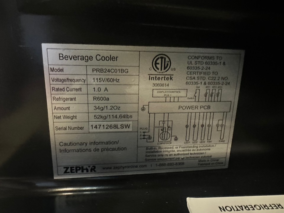 Zephyr PRESRV 24" Single Zone Refrigerator Beverage Cooler - PRB24C01BG ...