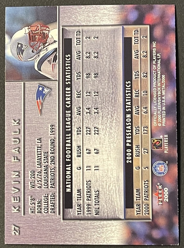 2000 Metal Football Card #27 Kevin Faulk New England Patriots | eBay