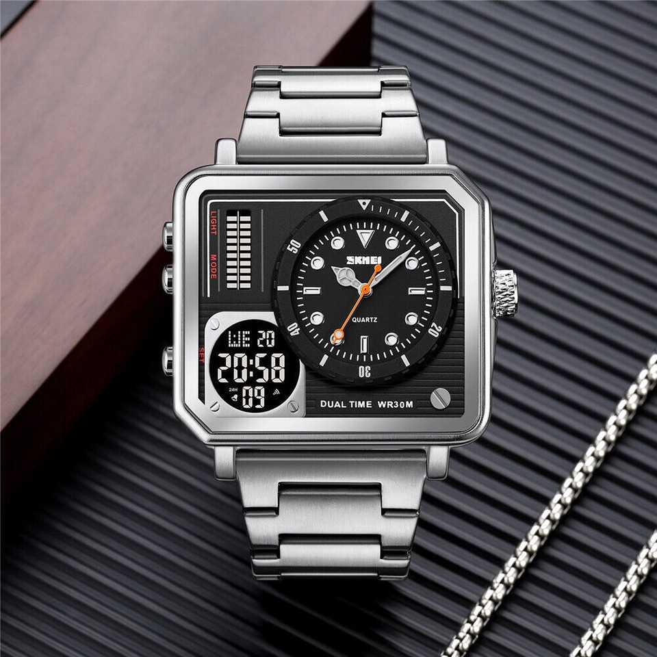 SKMEI Men Quartz Watch LED Square Digital Watches Casual Male Steel ...