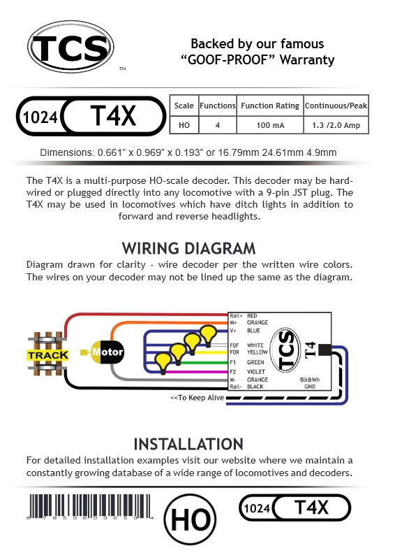 TCS T4X HO Scale DCC Motor Decoder 4 Function 9-pin JST & KA Plug ~ NEW ...